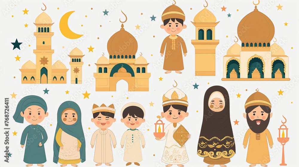 Ramadan clip art - set of Ramadan cartoon characters and design ...