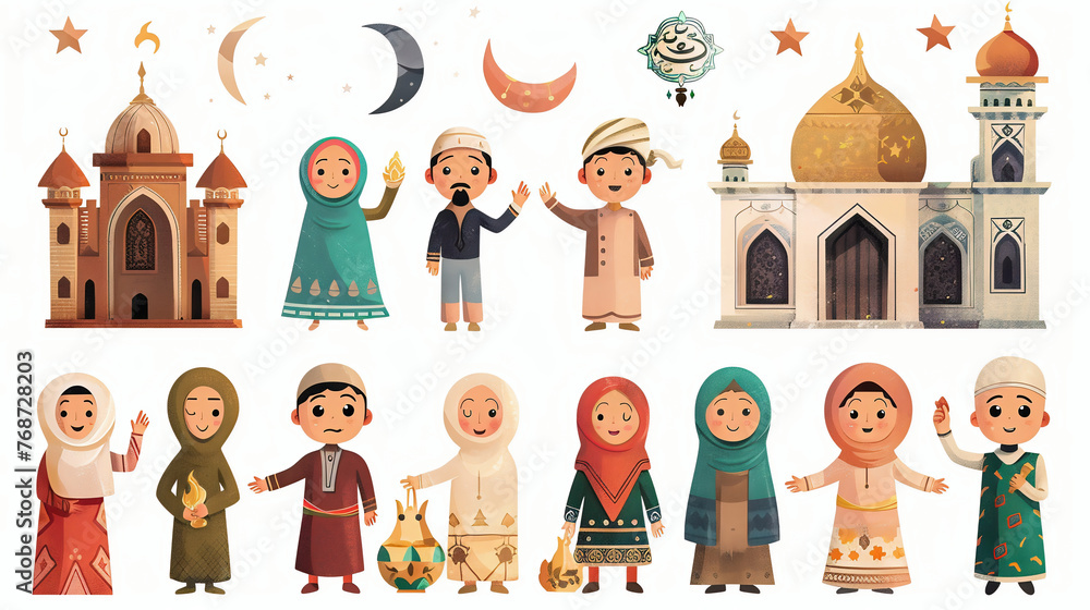 Ramadan clip art - set of Ramadan cartoon characters and design ...