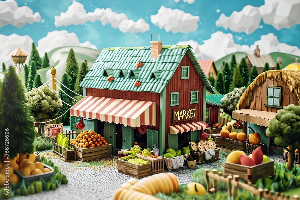 Miniature exposition of the farmers' market with local fruit and ...