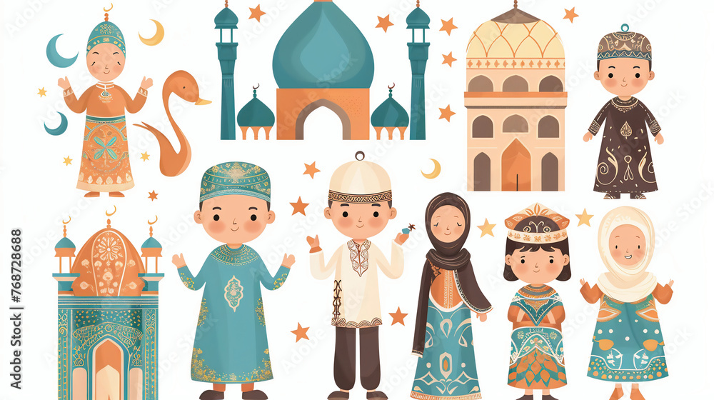 Ramadan clip art - set of Ramadan cartoon characters and design ...