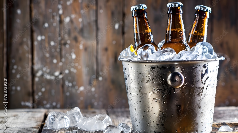 Chilled Beers in Ice Bucket Against a Rustic Wooden Background: A Stock Image Showcasing Five ...