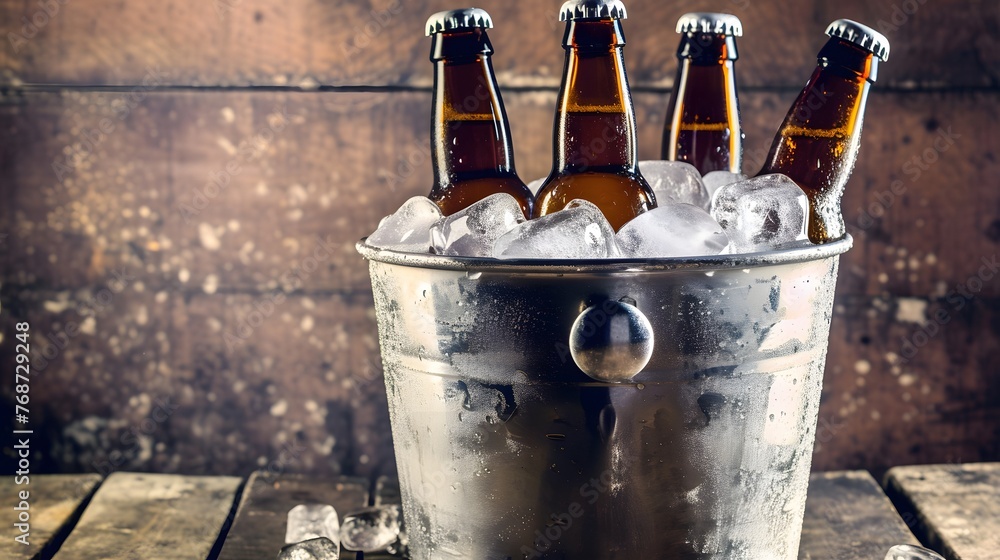 Chilled Beers in Ice Bucket Against a Rustic Wooden Background: A Stock Image Showcasing Five ...