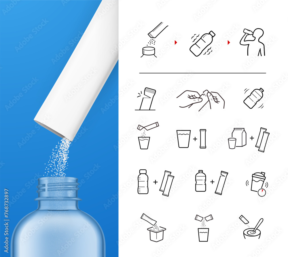 Stockvector Stick pack pouring powder product on clear bottle with set ...