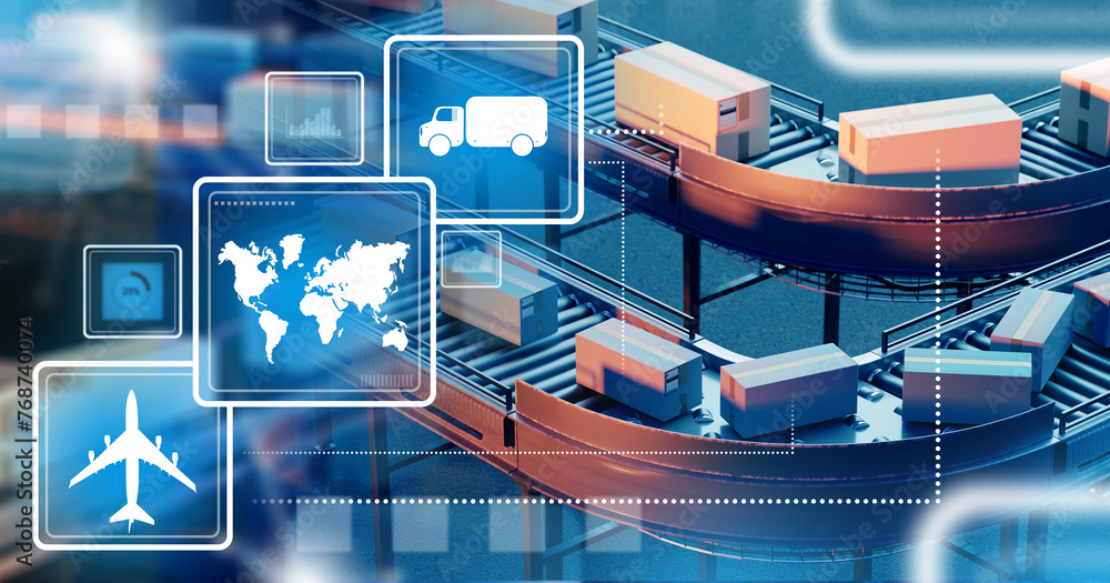 Conveyor with boxes. Logistics symbols. Production line with goods ...