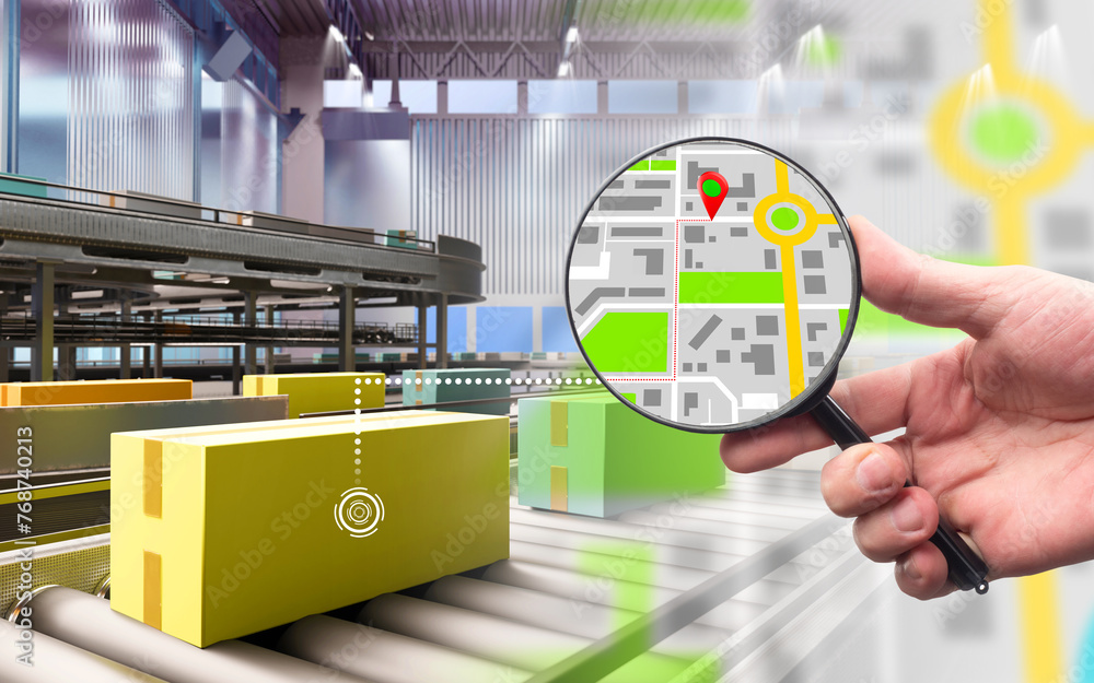 Parcel logistics. Box on conveyor. Logistics map under magnifying glass ...