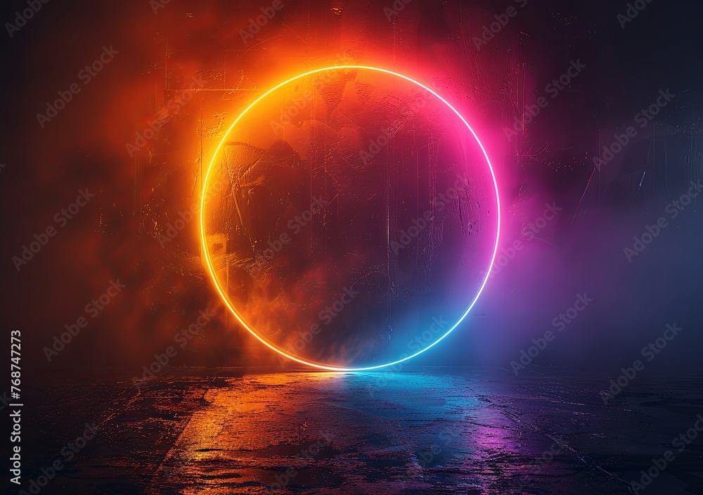 Abstract blue and purple glowing ring frame on a black background ...