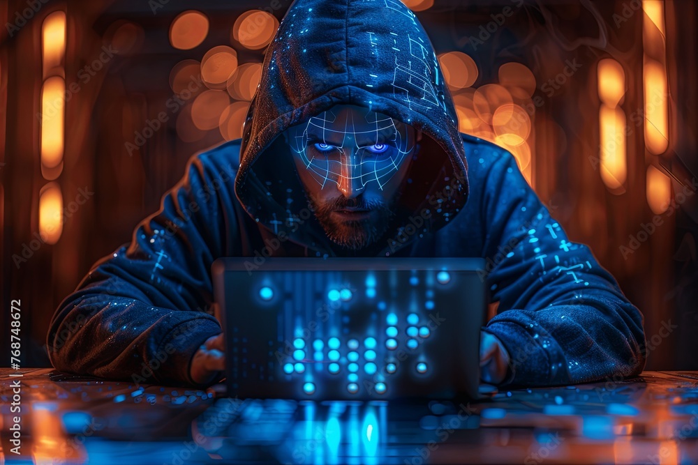 A hacker in a dark blue hoodie sits at a laptop, facing the camera with ...