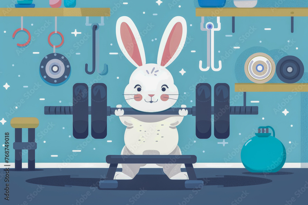 A cute cartoon bunny working out with weights in a gym setting ...