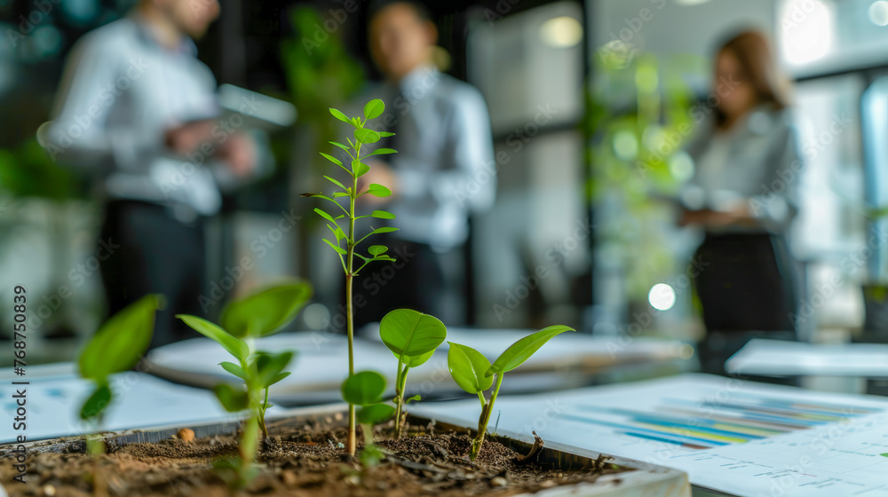 In this dynamic office setting, a series of plants depict growth ...