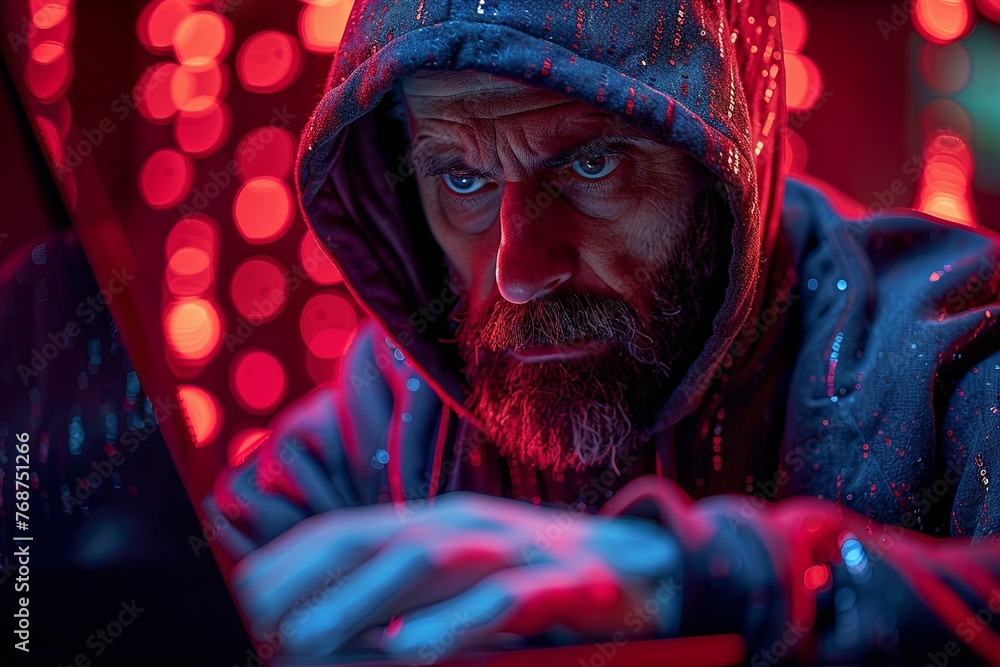 Hacker In A Hood Using A Laptop Coding And Data On A Code Background