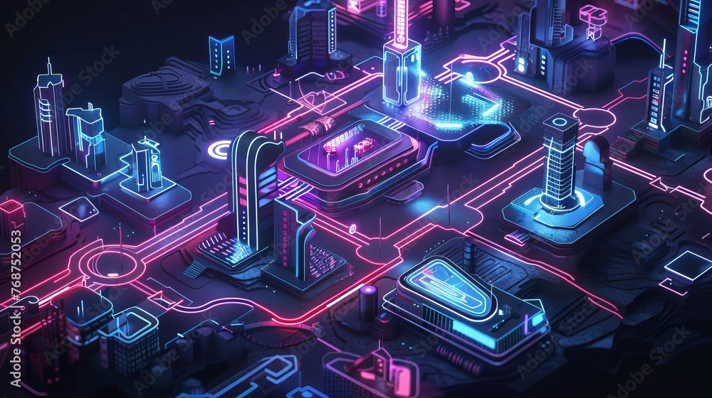 A 3D map of game levels, designed in the form of a futuristic city ...