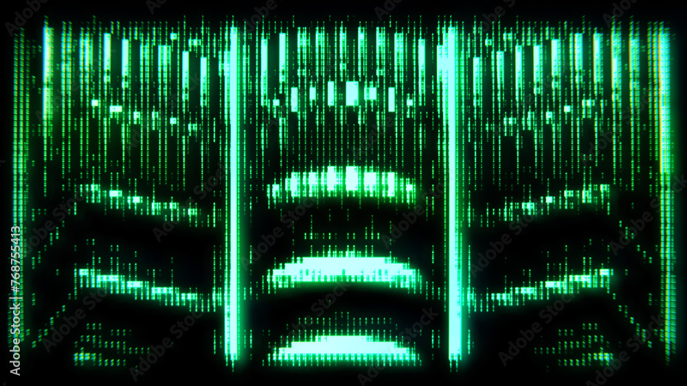 Abstract symmetrical retro tech background with green monochrome CRT ...