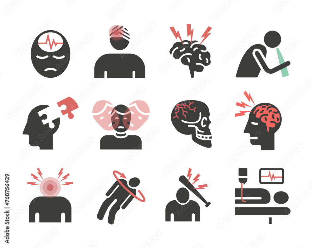 Traumatic brain injury icons. Head Injury Treatment. Symptoms. Vector ...