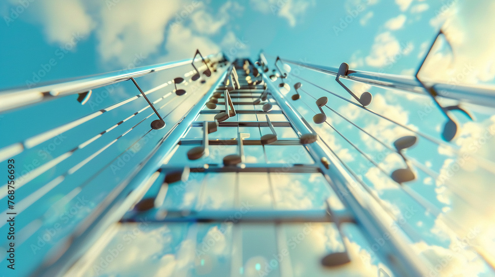 Surreal image of a ladder composed of musical notes ascending into the ...