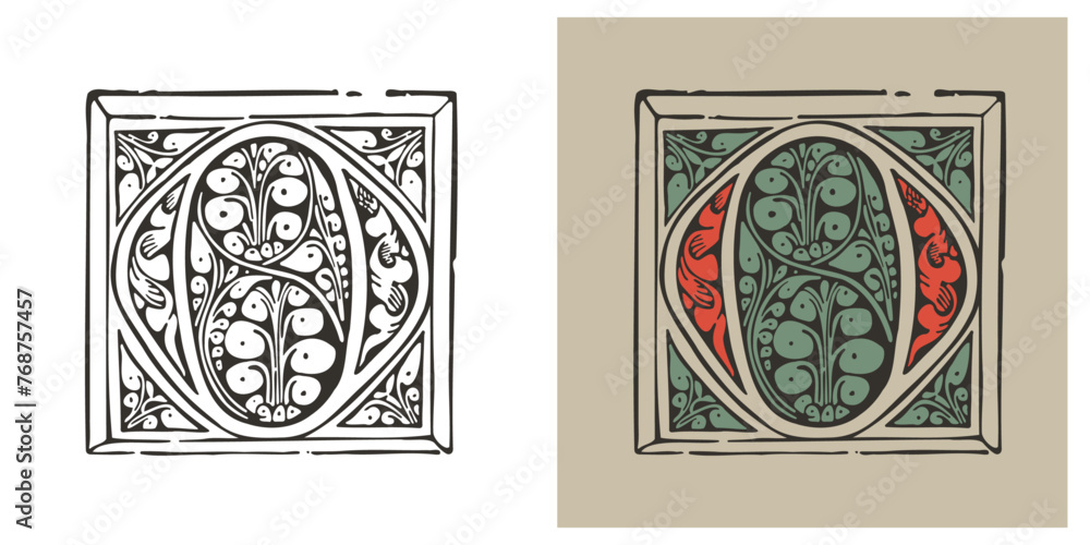 O letter medieval Gothic initial illuminated by foliage ornament ...