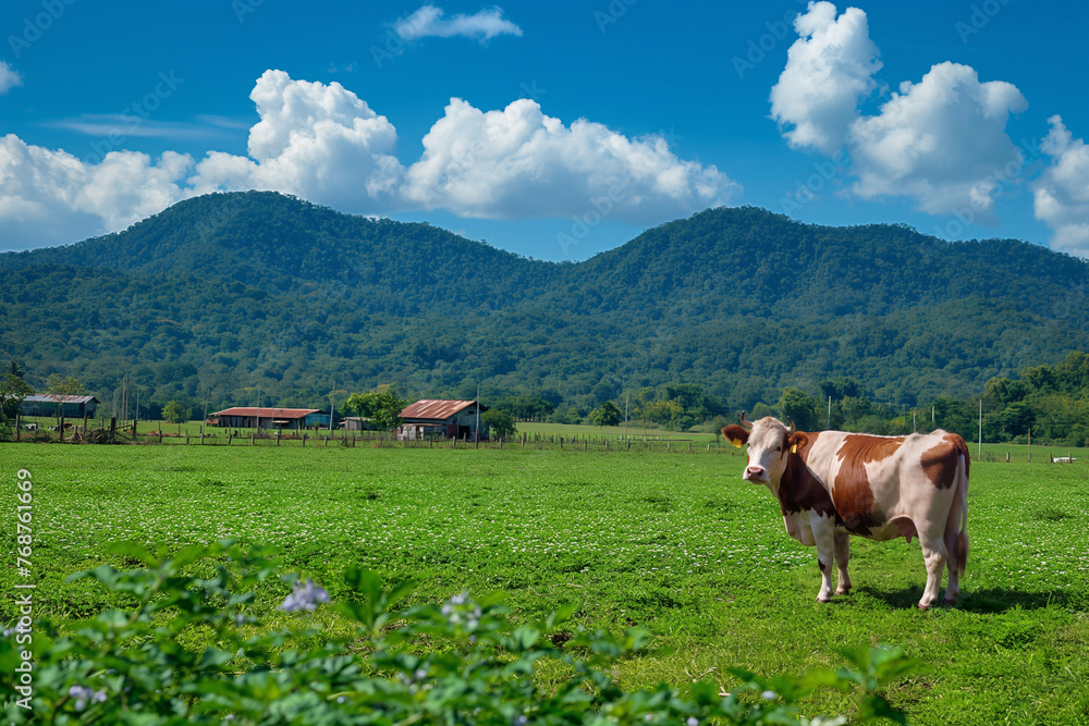 Brown and white cow standing in a green field with mountains in the ...