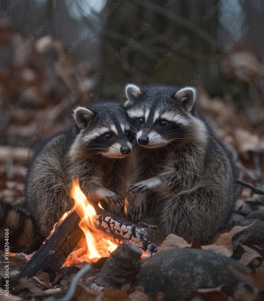 Two raccoons huddled close together beside a small campfire among ...