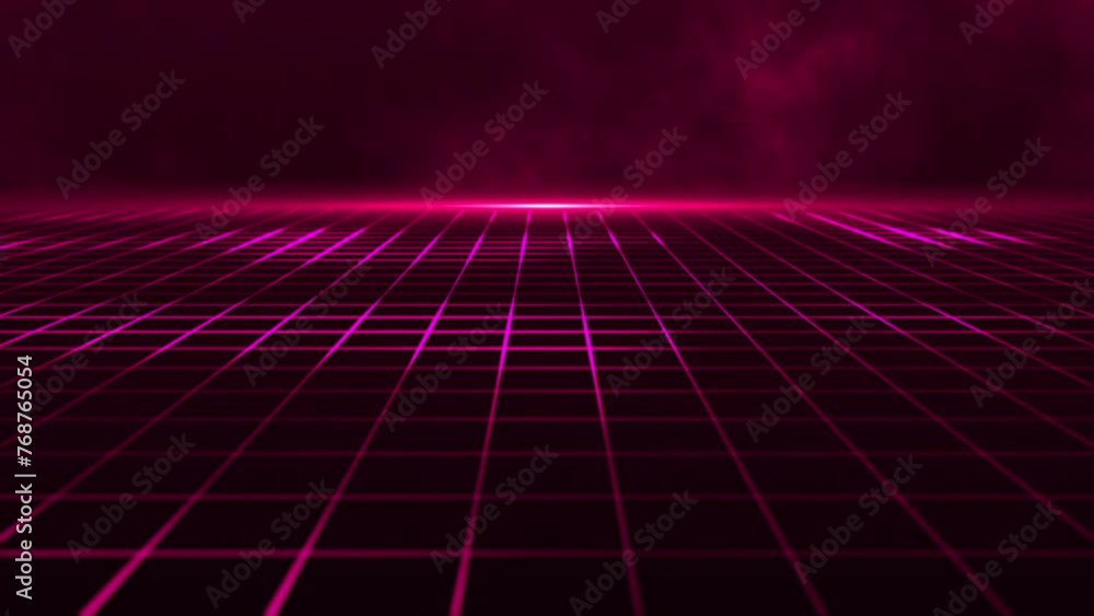 Retro futuristic cyberpunk grid motion background with red glowing neon light beams. This ...