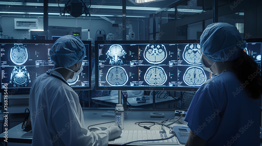 Hospital research lab: Neurologists watch TV, analyze MRI brain scans ...