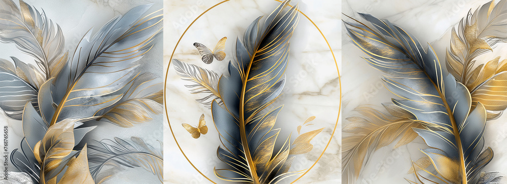 panel wall art, marble background with feather designs and butterfly ...