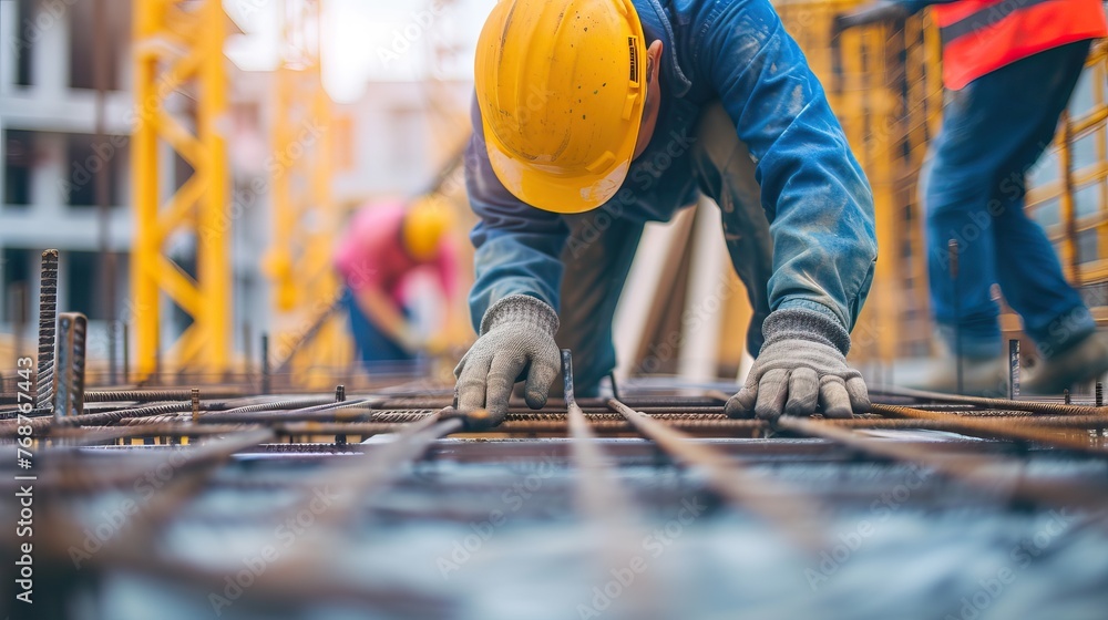 Foto de Builders work with rebars on a construction site. Construction ...
