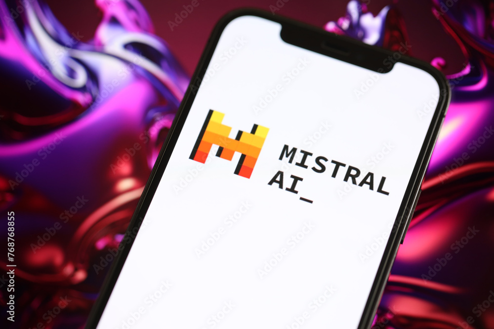 KYIV, UKRAINE - MARCH 17, 2024 Mistral AI logo on iPhone display screen ...