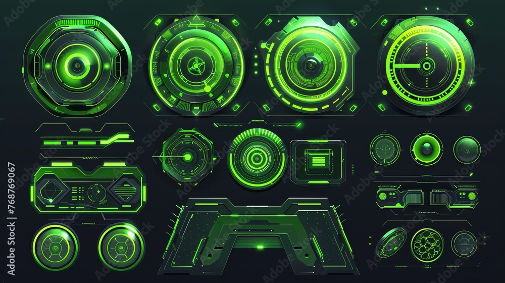 A set of green object abstract graphics, designed for use in user interface control panels for ...