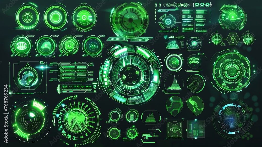 A set of green object abstract graphics, designed for use in user interface control panels for ...