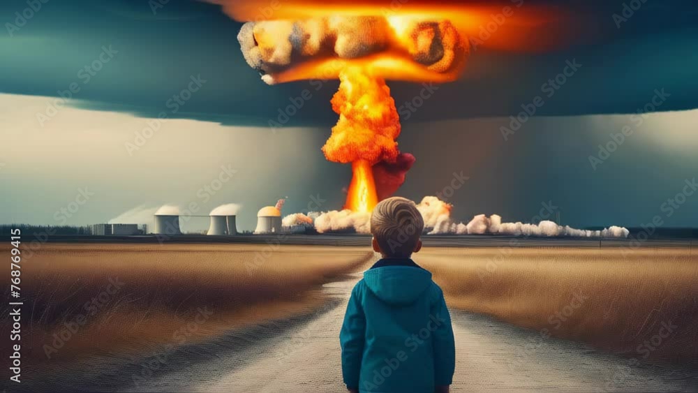 Little boy watching huge nuclear bomb explosion with a mushroom cloud ...
