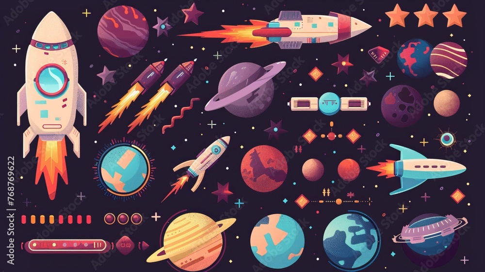 An 8bit pixel art game asset collection, featuring space planets, rockets, and starcraft ...