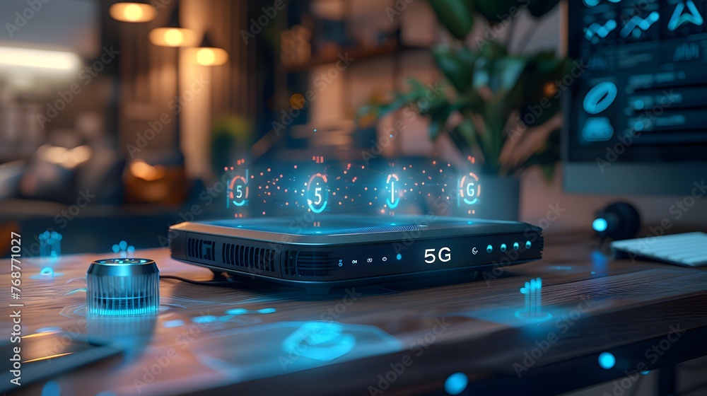 Futuristic 5G Router on a Smart Home Desk. Advanced Networking ...
