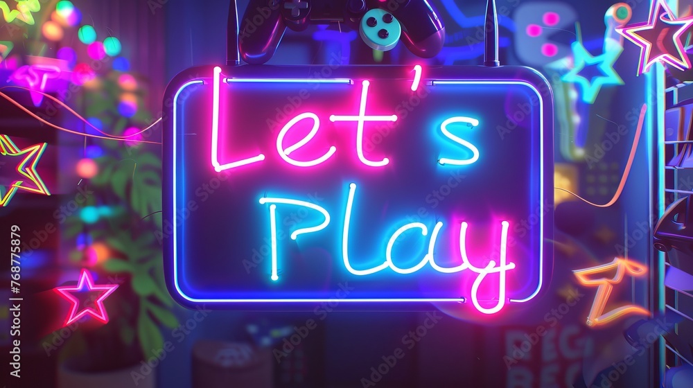 The "Let's Play" neon sign, depicted as a bright signboard and light ...