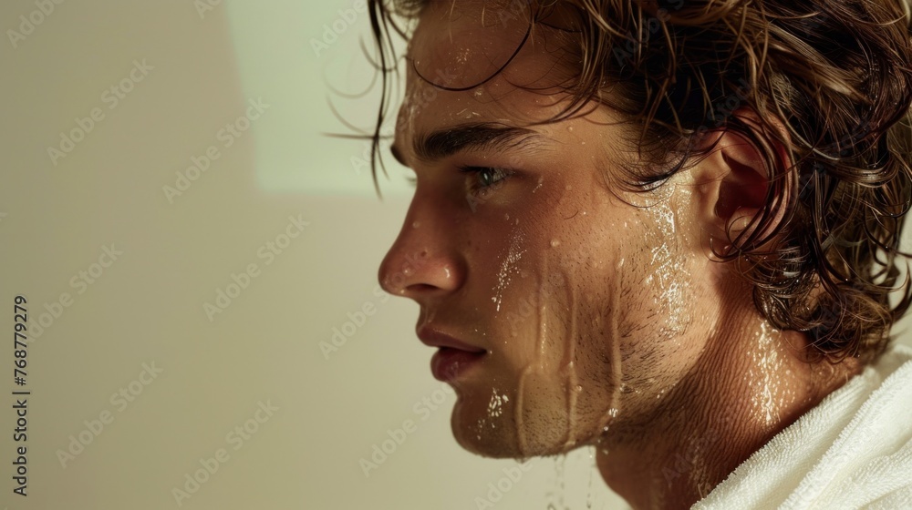 Wet-haired man with droplets of water on his face and neck looking ...