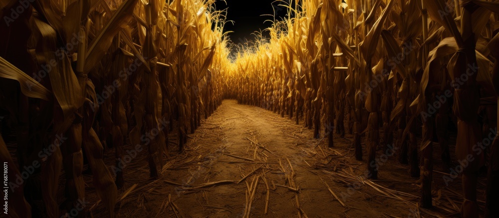 Navigating through a creepy corn maze with tall stalks and a dimly lit ...