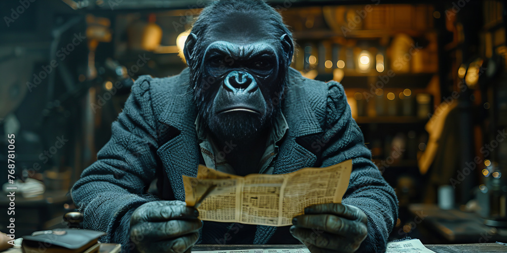 Intelligent Ape Perusing Newspaper in a Cozy Study Room Banner Stock ...