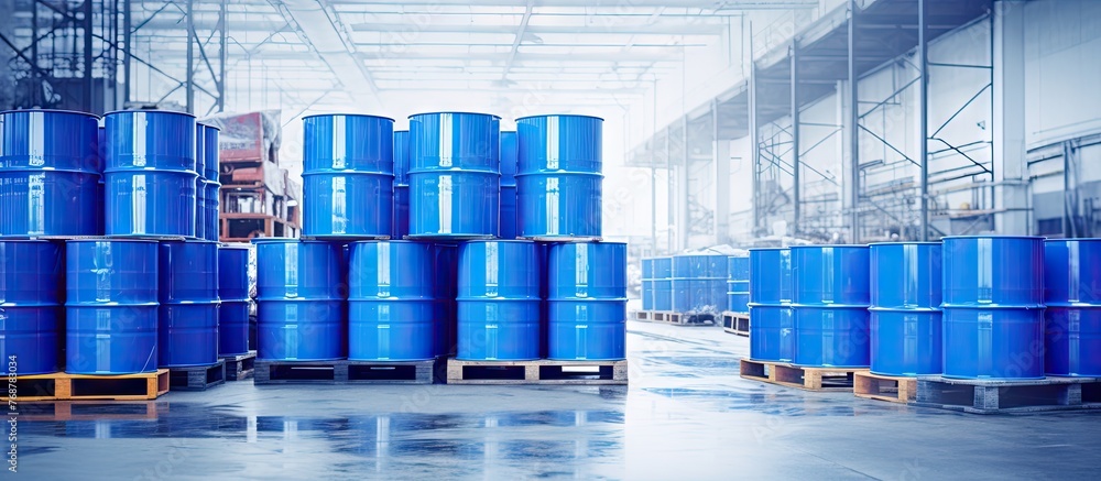 Chemical industry warehouse filled with blue plastic barrels containing ...