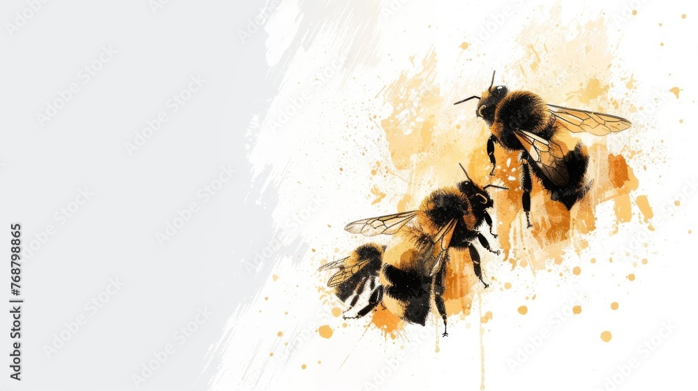 Bees painted in the elegant ink wash technique set against a soft white and golden splash ...