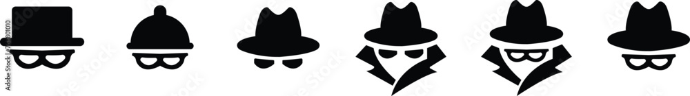 Agent icon set. Spy sunglasses Hat and glasses, Mystery man sign Robber ...