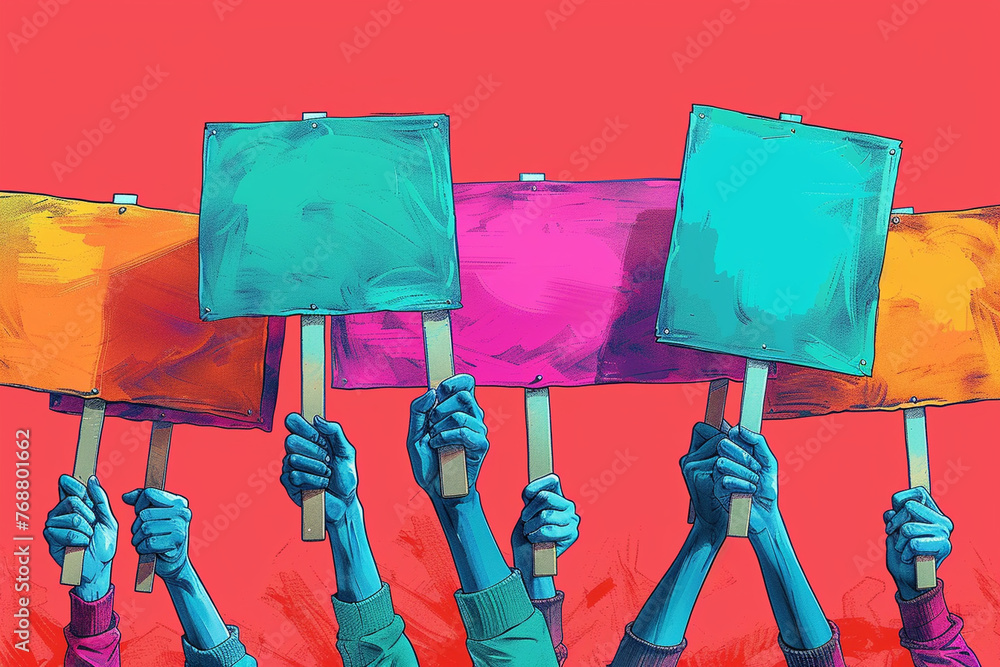 An illustration of hands holding protest signs with slogans advocating ...