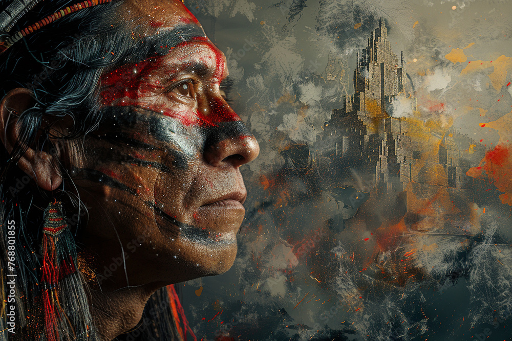 A digital artwork portraying the struggle for indigenous land rights ...