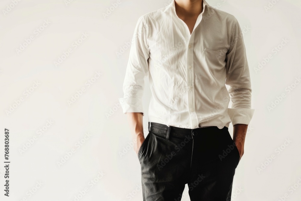 A stylish Asian man in a half-tucked white shirt and black pants, hands ...