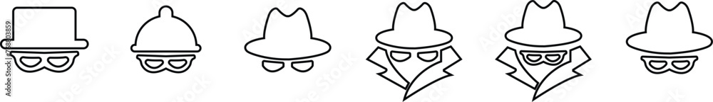 Agent icon set. Spy sunglasses Hat and glasses, Mystery man sign Robber ...