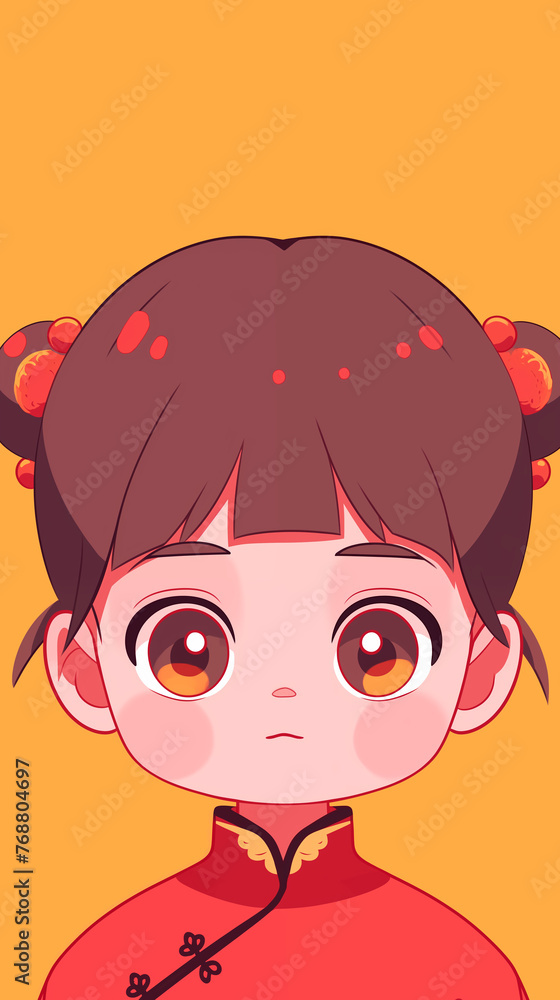 Hand drawn cartoon illustration of cute girl wearing red Tang suit ...