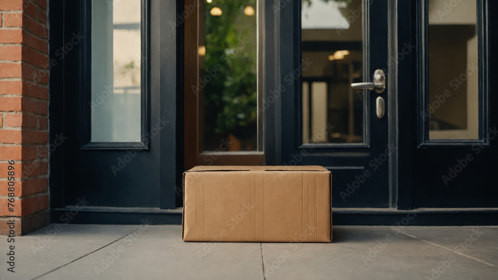 Delivered package placed in front of the entrance of a house or ...