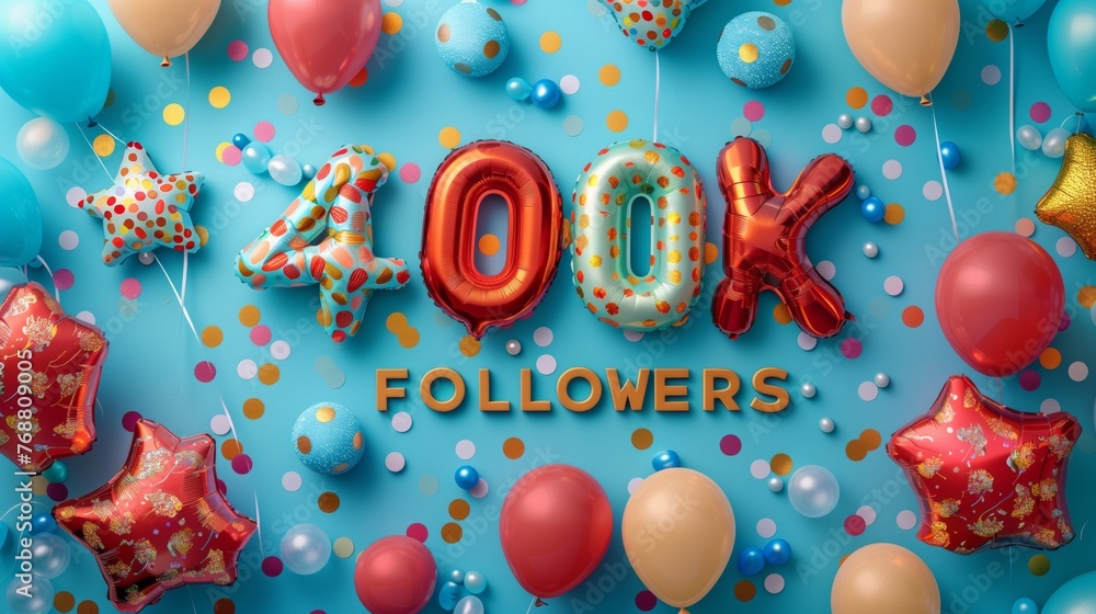 400K FOLLOWERS text with balloons and confetti background Stock Photo ...
