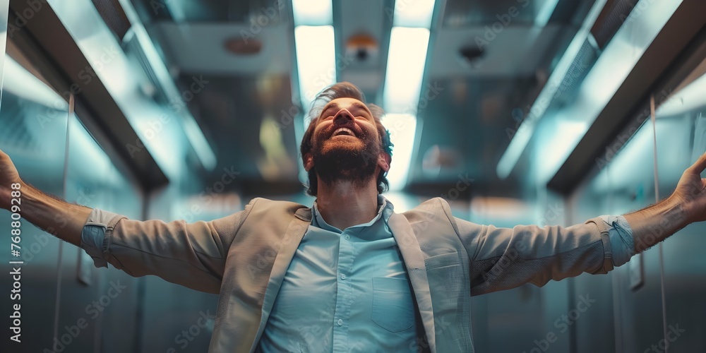 An enthusiastic and ambitious corporate executive makes an elevator ...