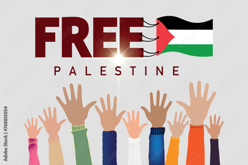 People raising hands. Text Free Palestine typography with Palestine ...