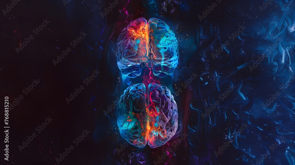 Two brains with two different colored sections. The blue section is the ...