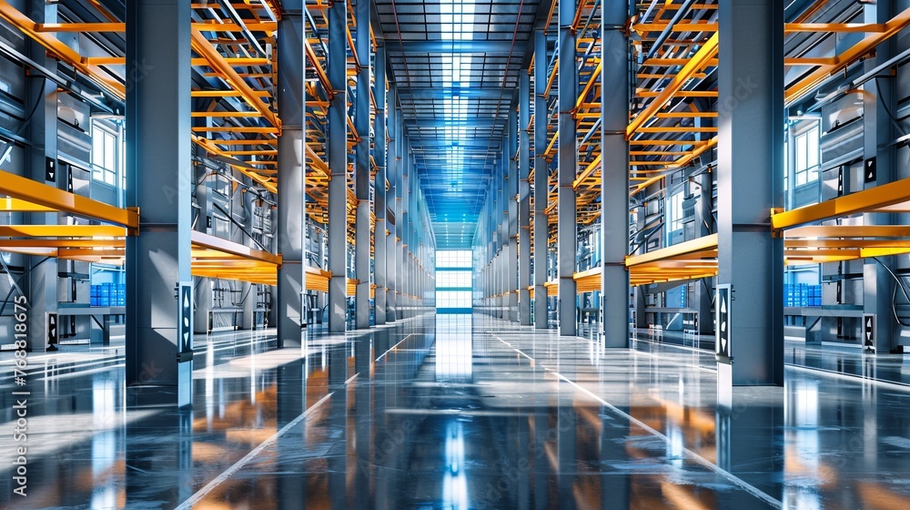 A symmetric perspective of a vast, modern industrial warehouse with a ...