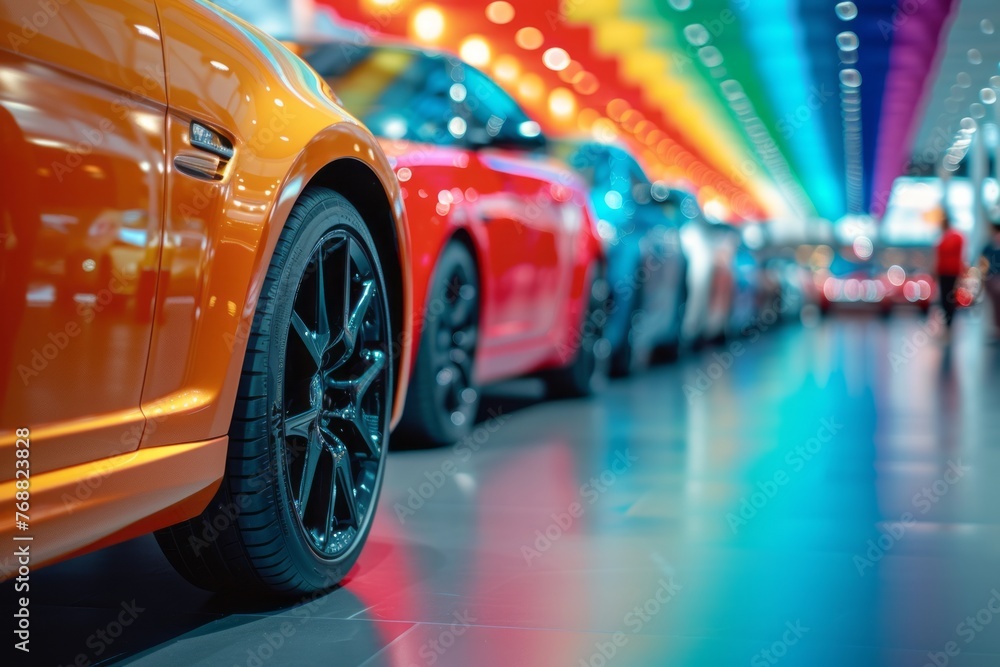 Rainbow of Choices: New Car Selection at Modern Dealership Showroom ...